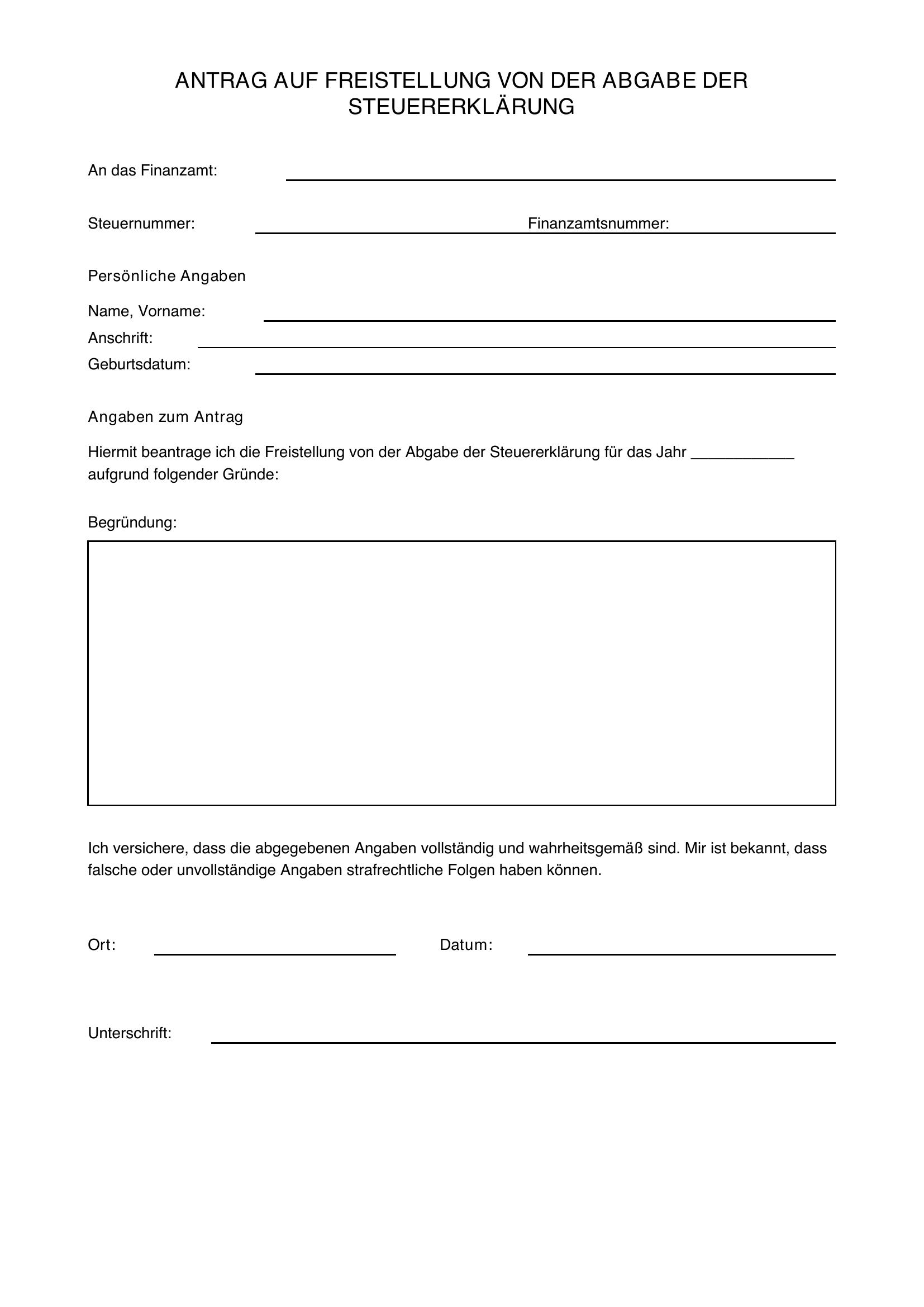 Antrag Auf Freistellung Von Der Abgabe Der Steuererklärung Muster