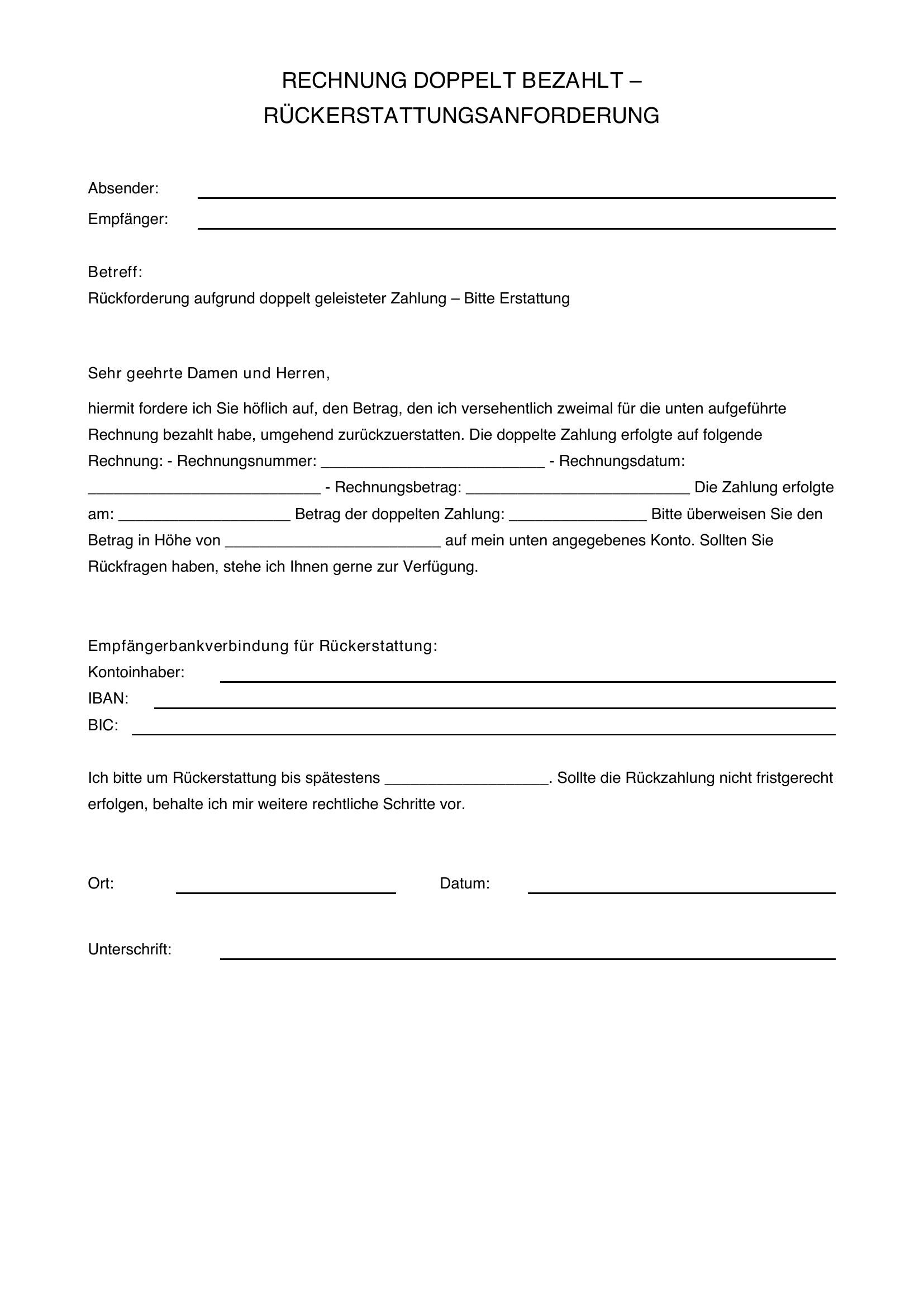 Rechnung Doppelt Bezahlt Rückforderung Musterbrief